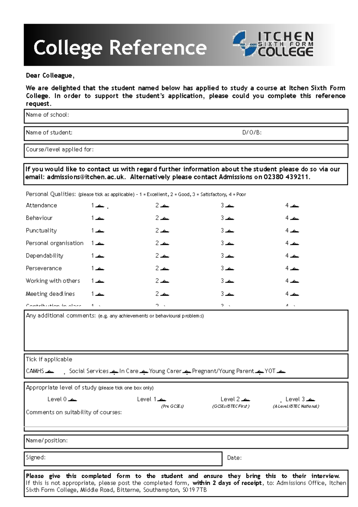 College Reference Request for Itchen Sixth Form College Application ...