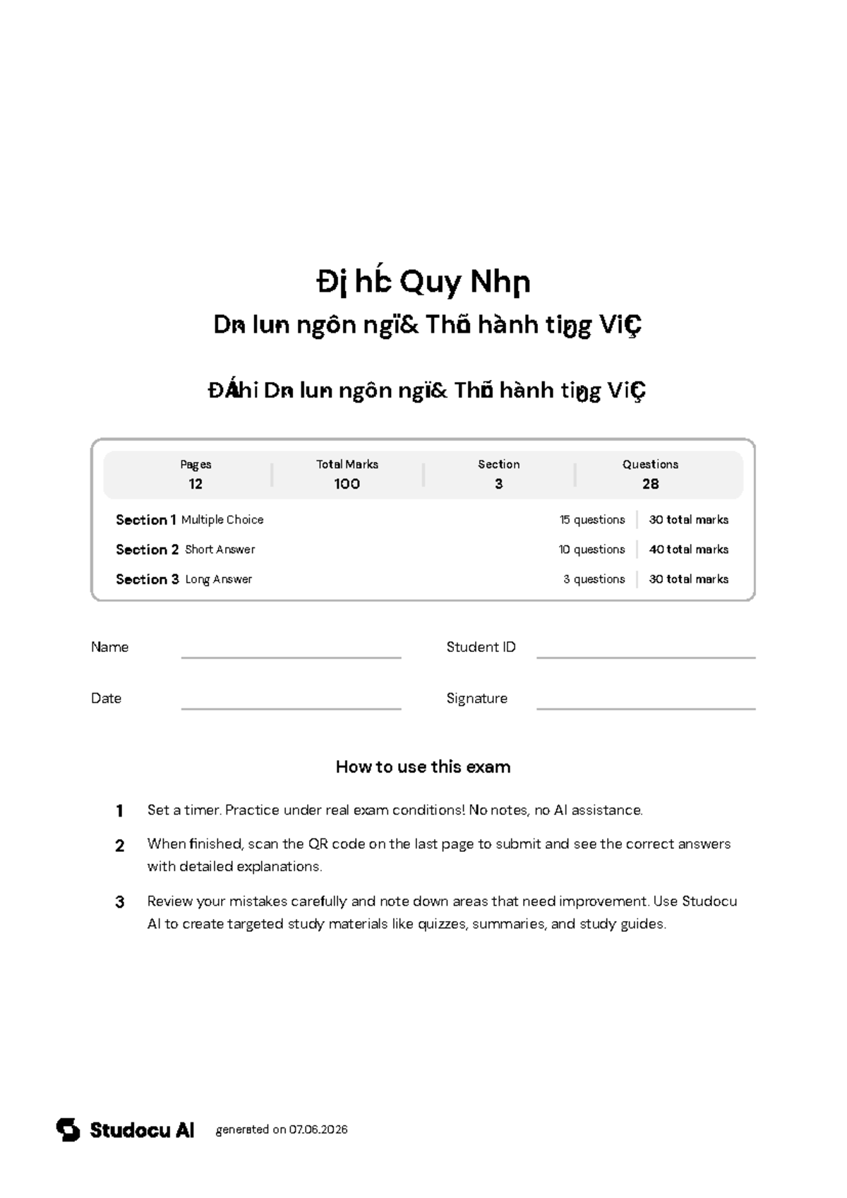 Đề thi Dẫn luận ngôn ngữ & Thực hành tiếng Việt - Studocu