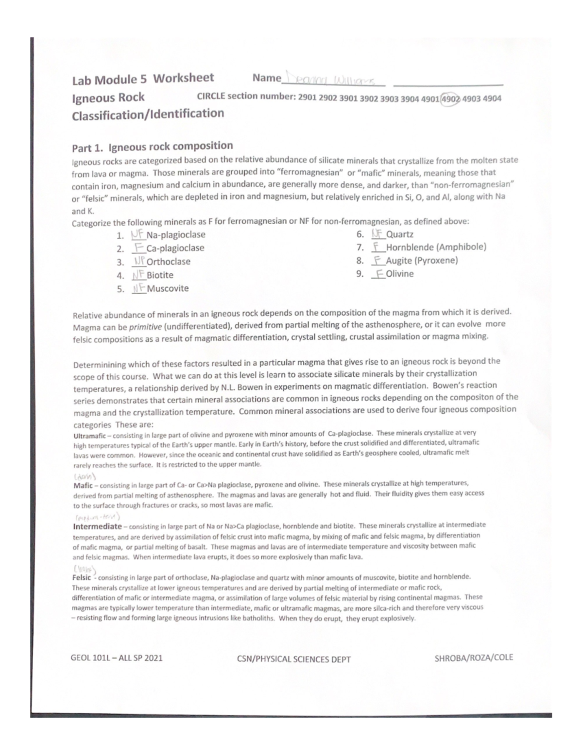 Lab Module 5 Worksheet - Lab Module 5 Worksheet Name Dearna Williams Igneous Rock CIRCLE section ...