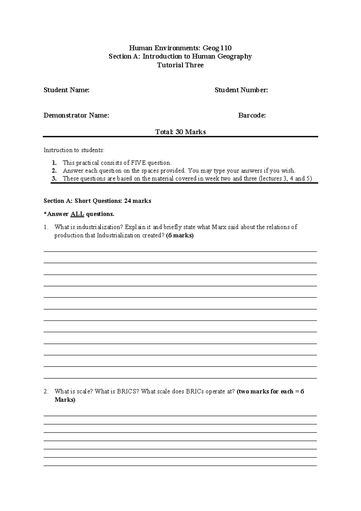Geog 110 Tutorial 3 Assessment: Understanding Human Geography - Studocu