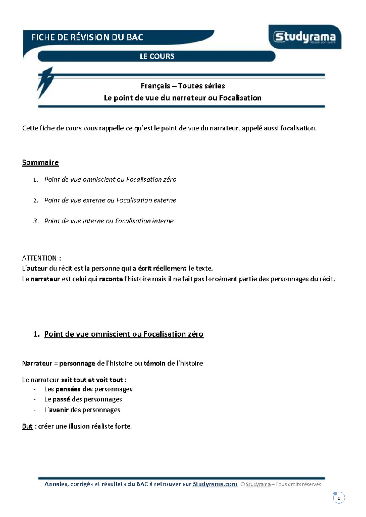 FICHE DE RÉVISION BAC: Le Point de Vue du Narrateur en Français - Studocu