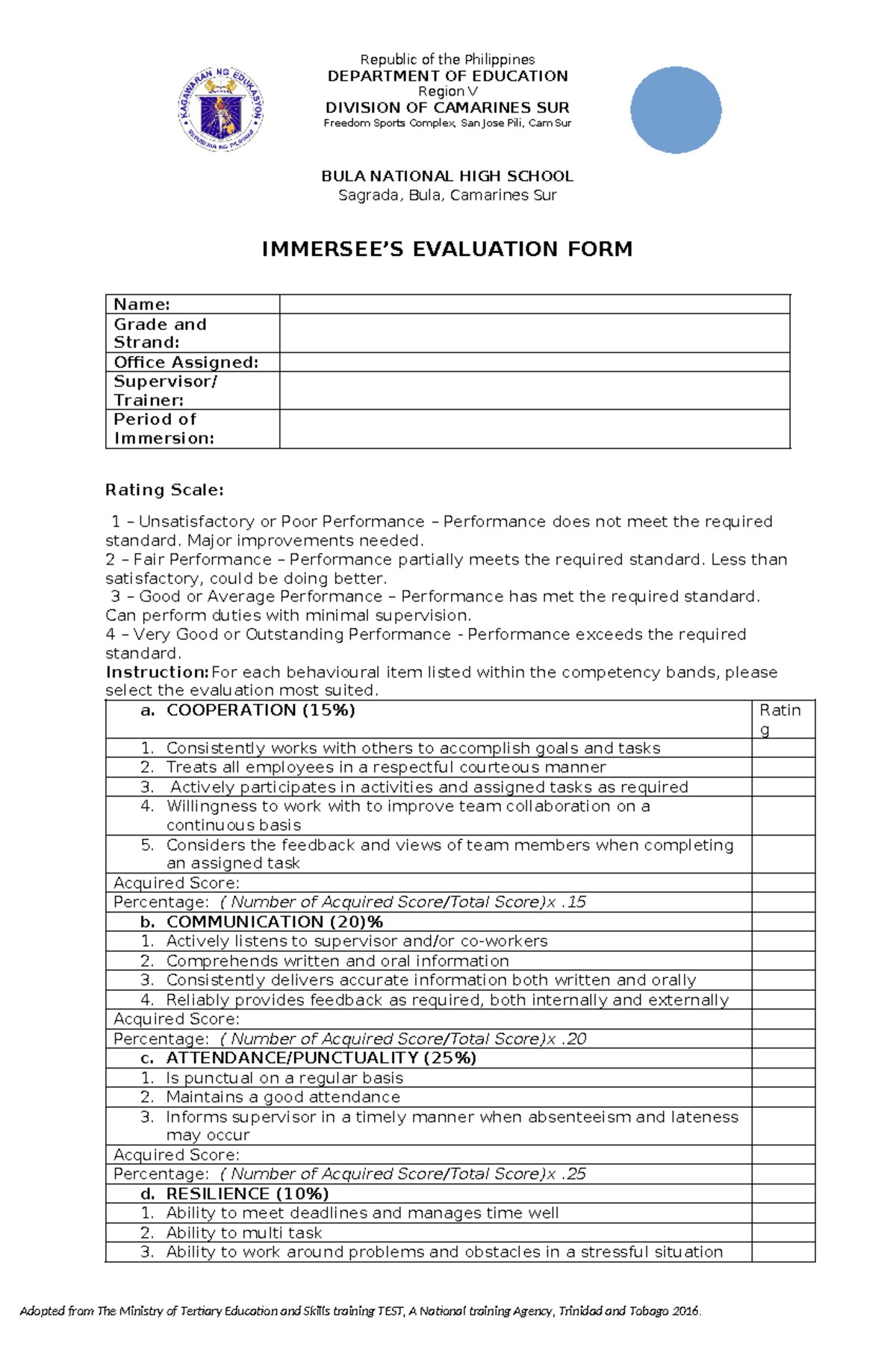 Evaluation sheet Immersion - Republic of the Philippines DEPARTMENT OF ...