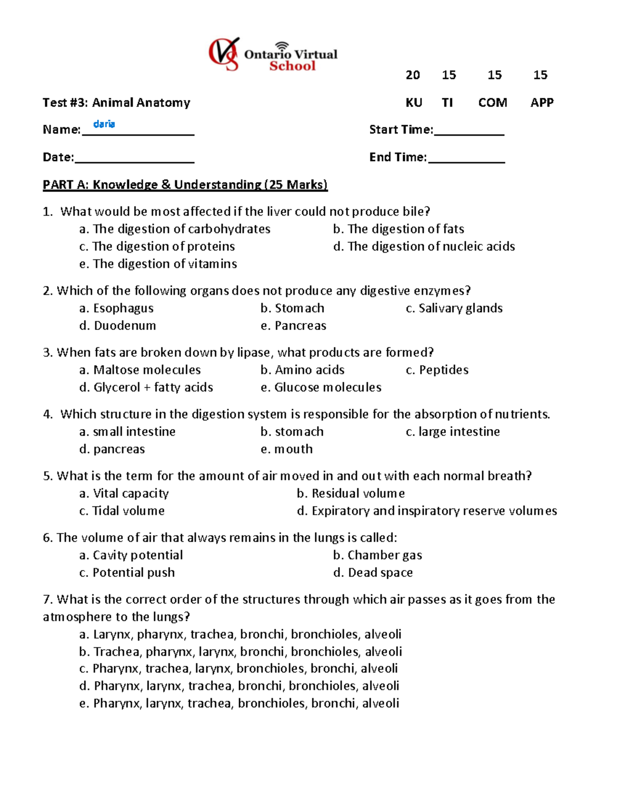 Test 3: Animal Anatomy & Physiology (BIO 20) - July 2025 - Studocu