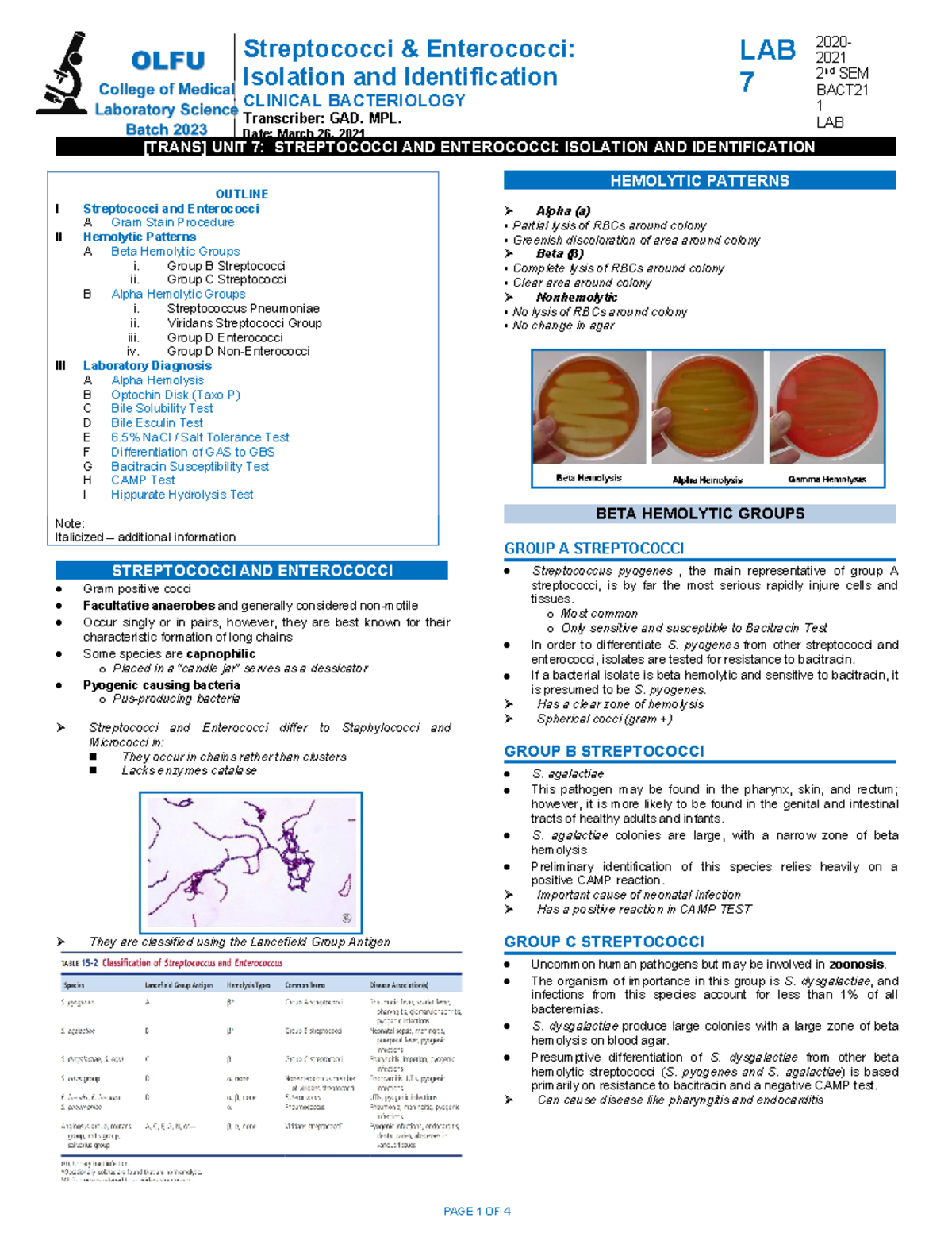 BACT211 Lab: Isolation & Identification of Streptococci & Enterococci ...
