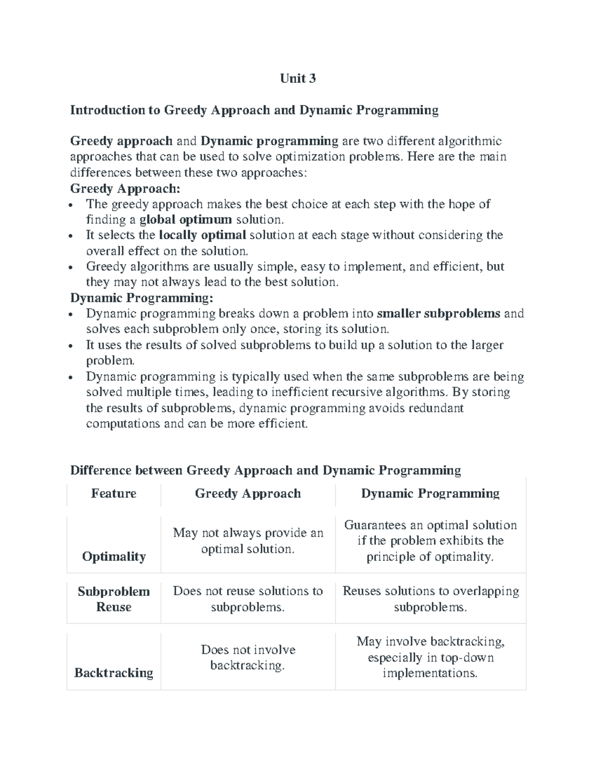 Unit 3: Greedy Approach vs Dynamic Programming Overview - Studocu