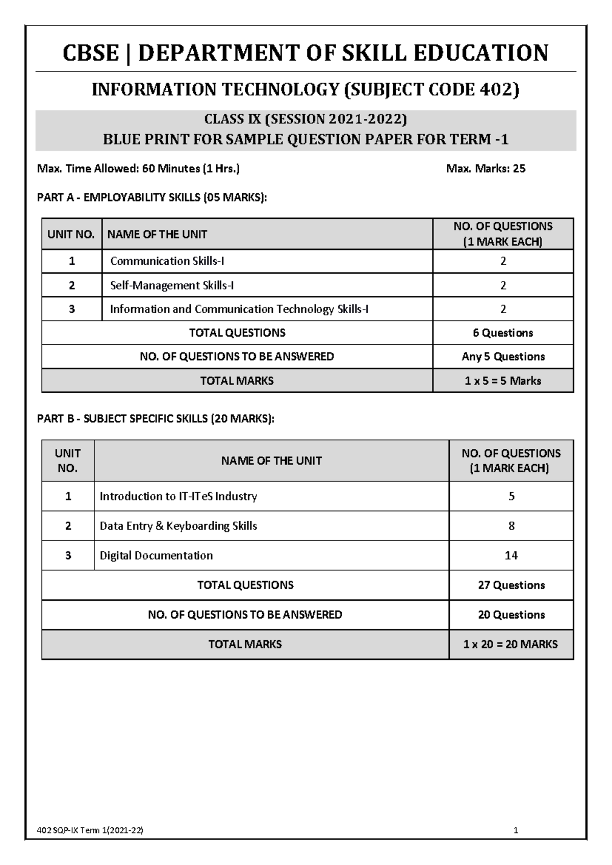 CBSE IT (402) Class IX Term 1 Sample Question Paper 2021-2022 - Studocu