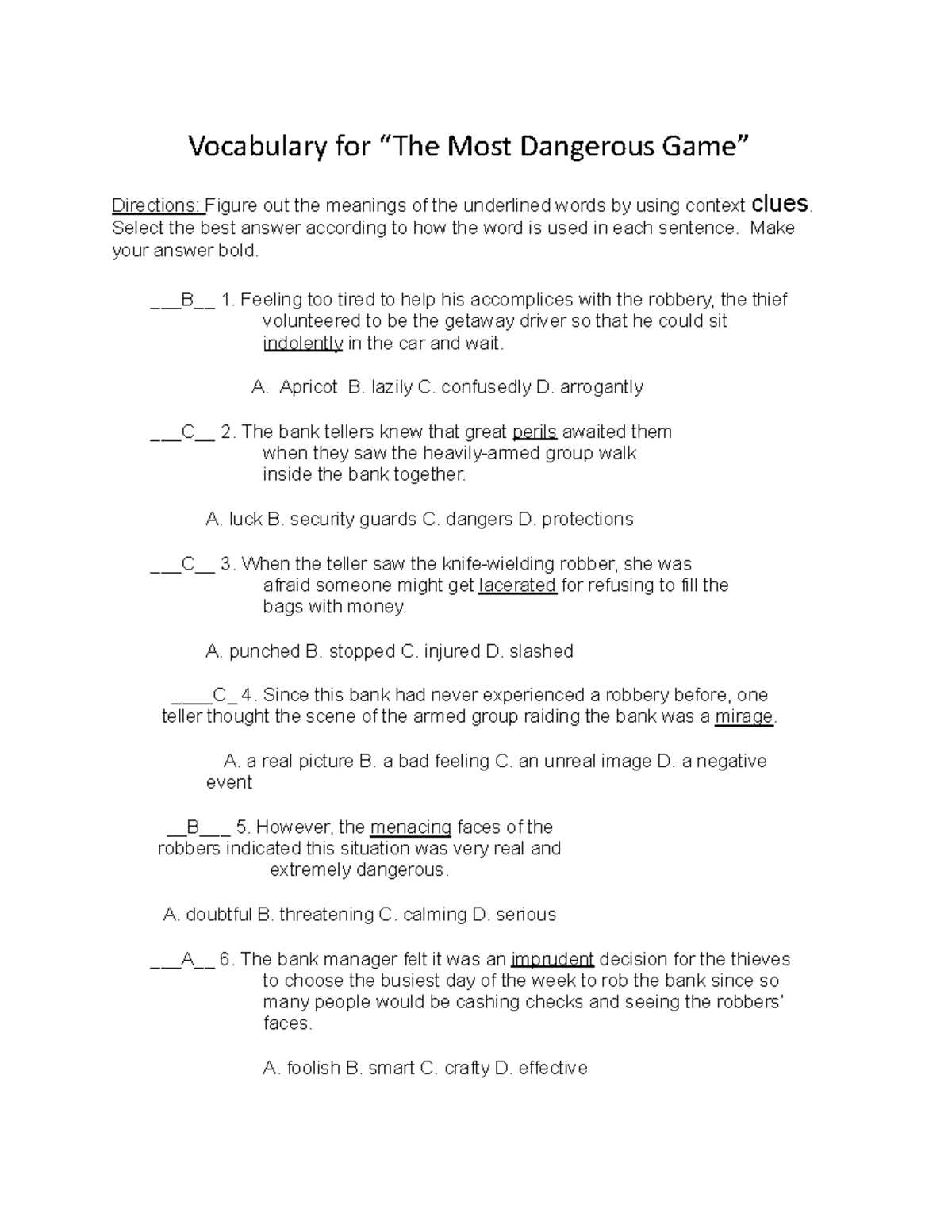 Copy of Vocabulary for “The Most Dangerous Game” - Vocabulary for “The ...