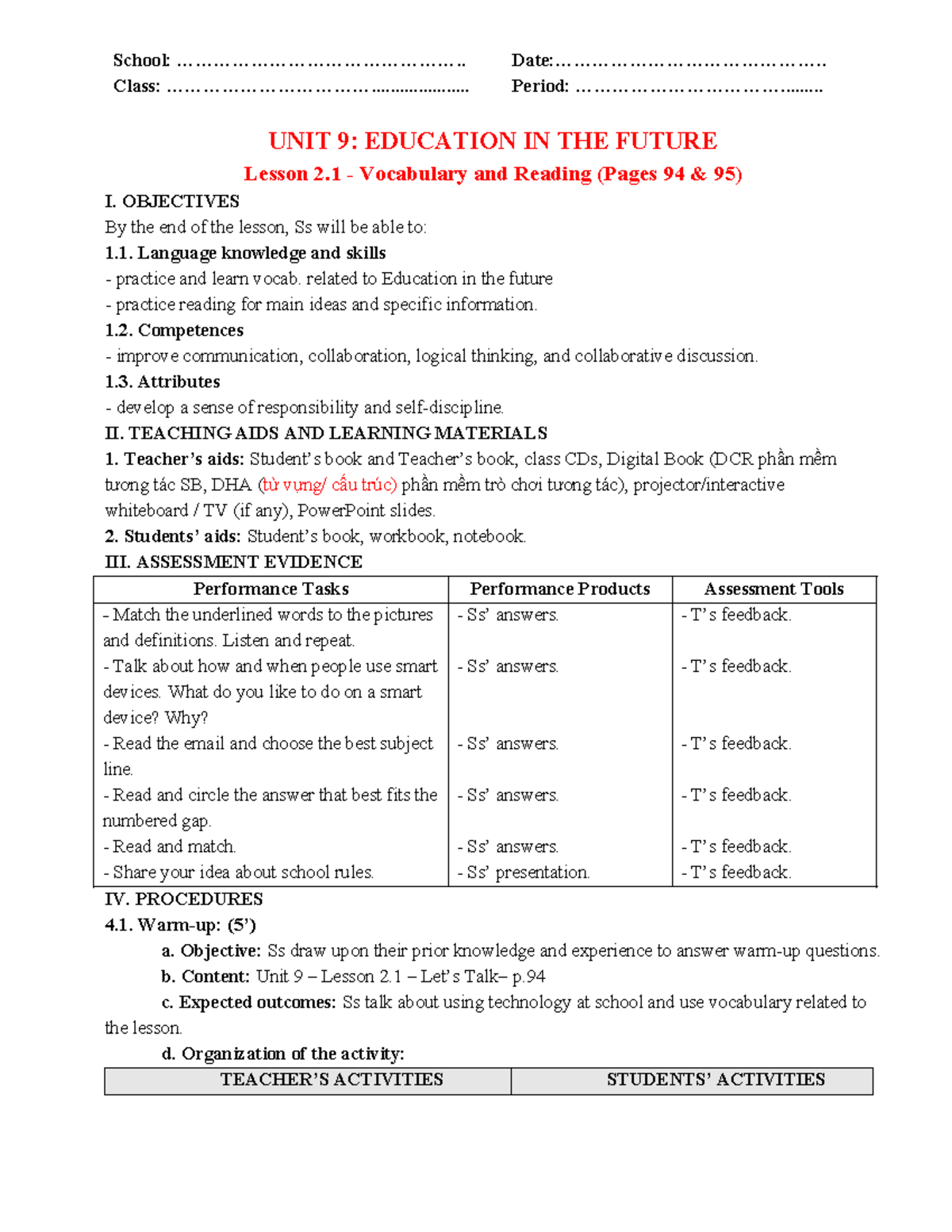 Unit 9: Lesson 2.1 - Vocabulary & Reading Overview (Pages 94-95) - Studocu
