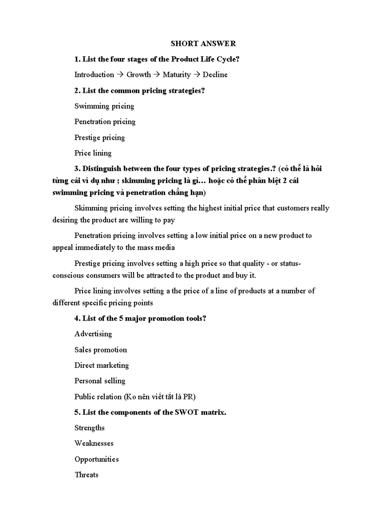 TLN Tiếp Thị Căn Bản - Đề Ôn Tập HK1: Product Life Cycle & Pricing ...