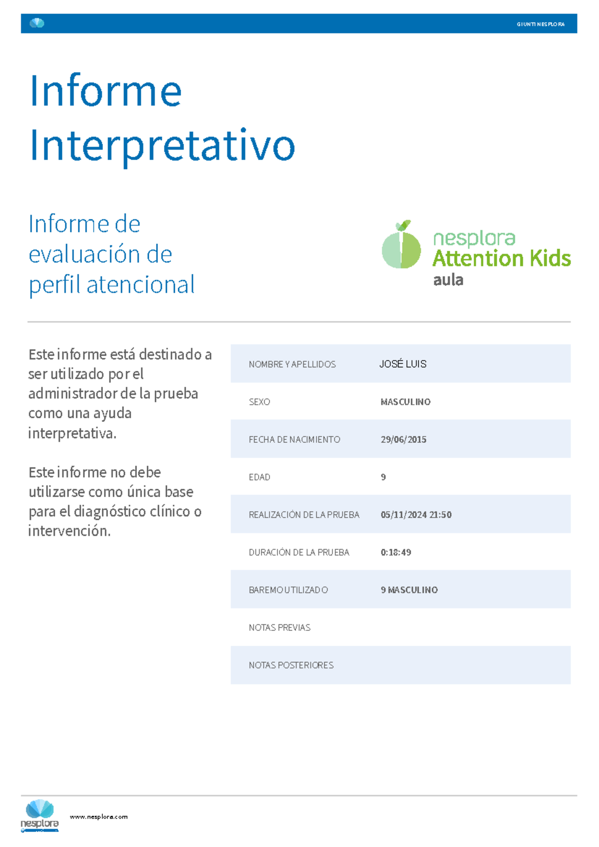 Nesplora -Informe Interpretativo - Informe Interpretativo Informe de ...