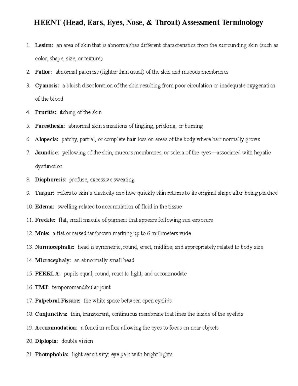 Heent+Terminology - Assessment - HEENT (Head, Ears, Eyes, Nose ...