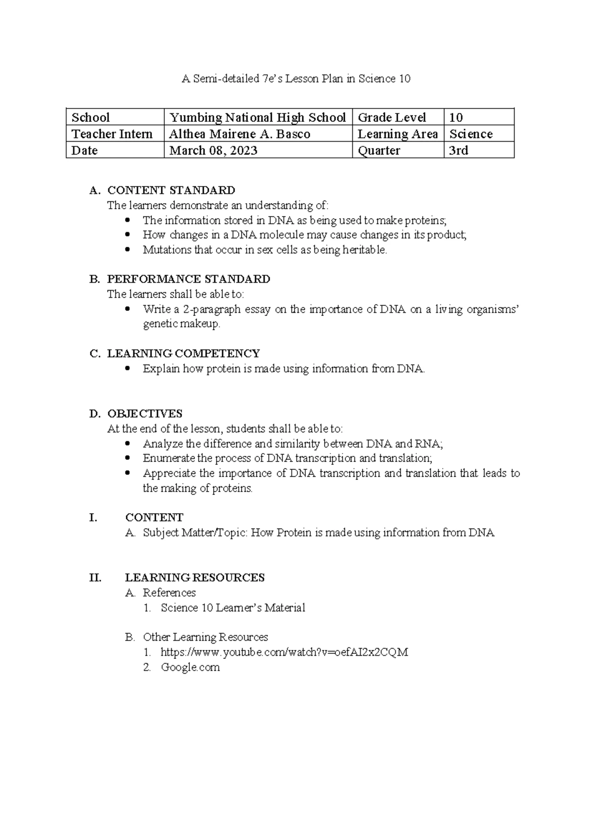 7e's Science Lesson Plan on DNA Mutations for Grade 10 - Studocu