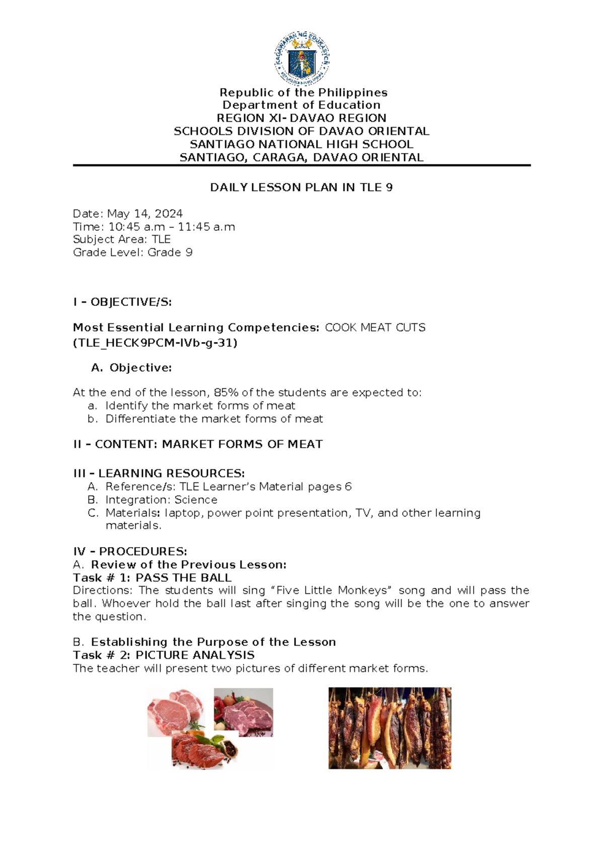 Final Lesson Plan (DLP) - TLE 9: Understanding Market Forms of Meat ...