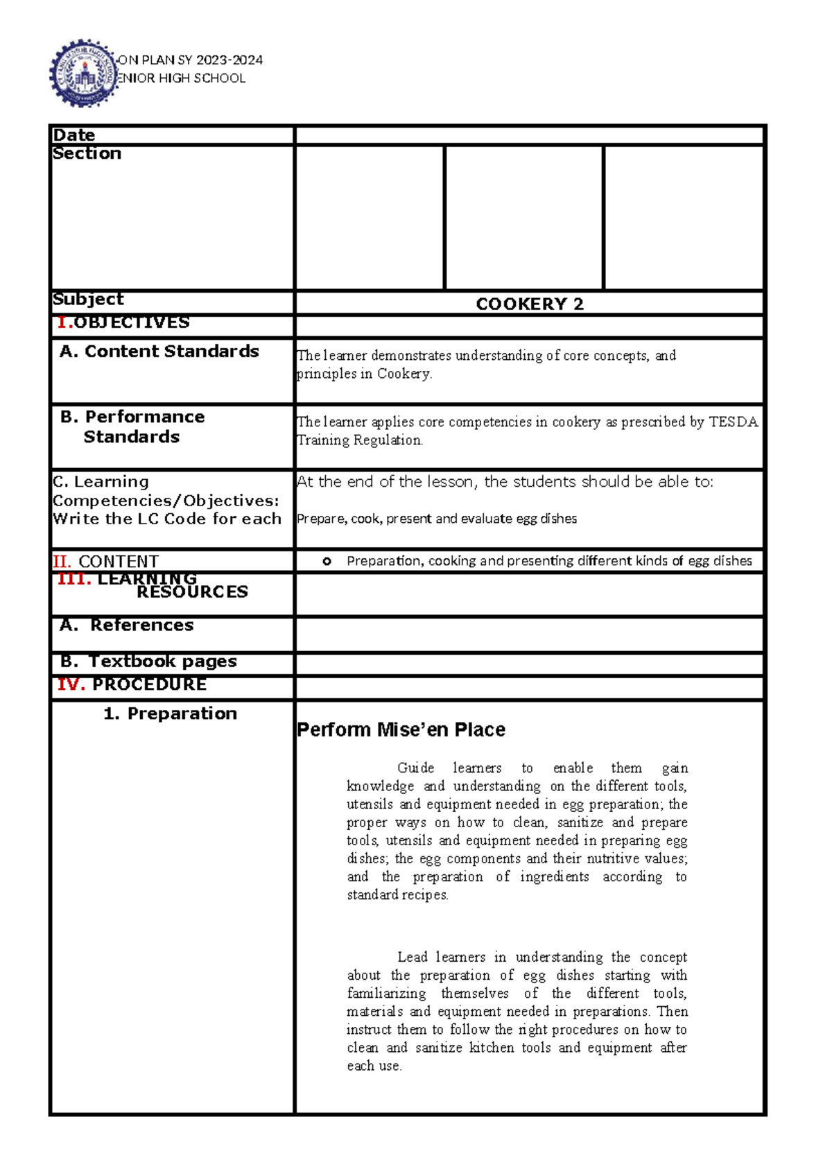 DAILY LESSON PLAN: COOKERY 2 - EGG DISHES Preparation & Evaluation ...