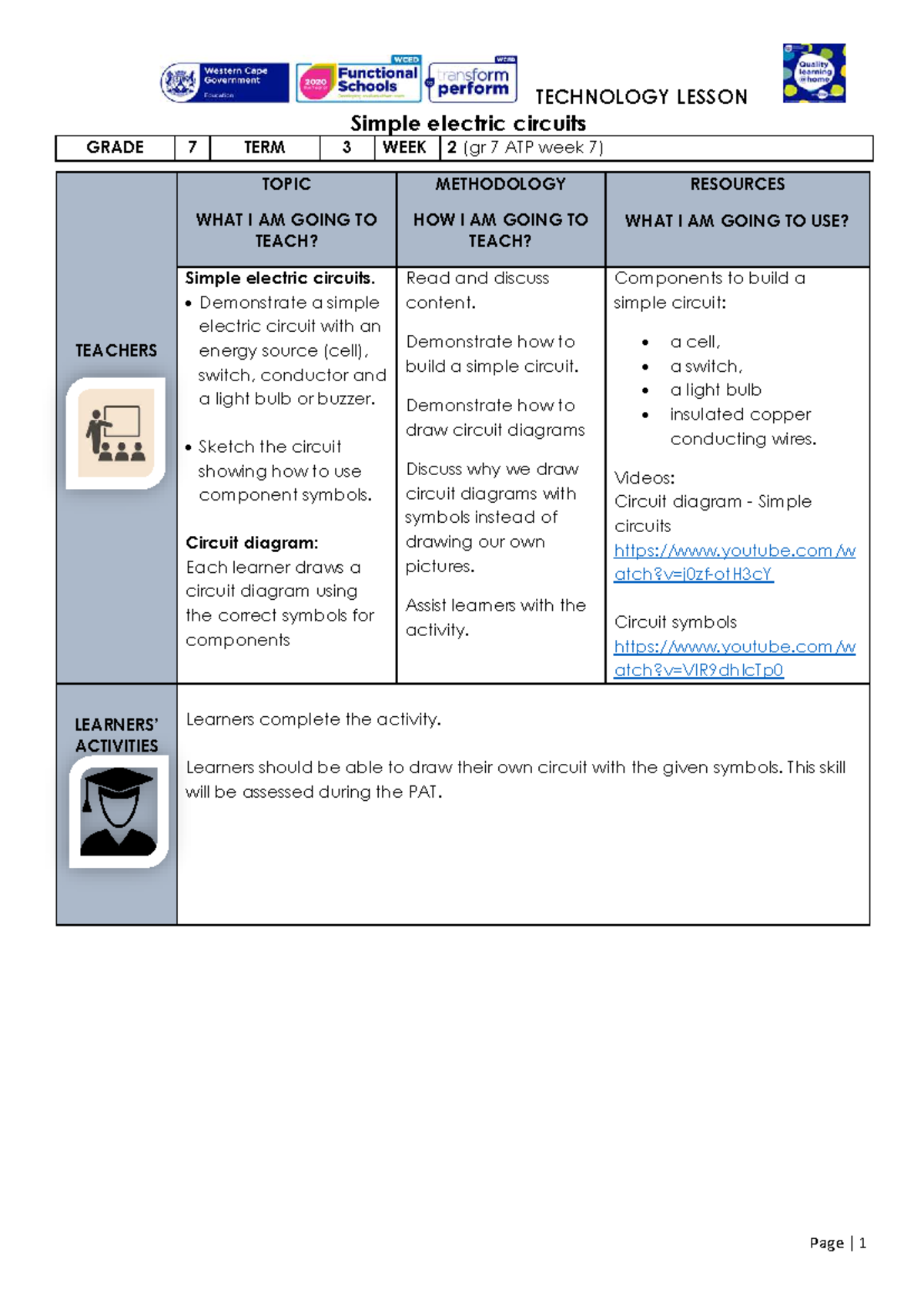 Grade 7 Technology Lesson Plan: Simple Electric Circuits (Term 3, Week ...