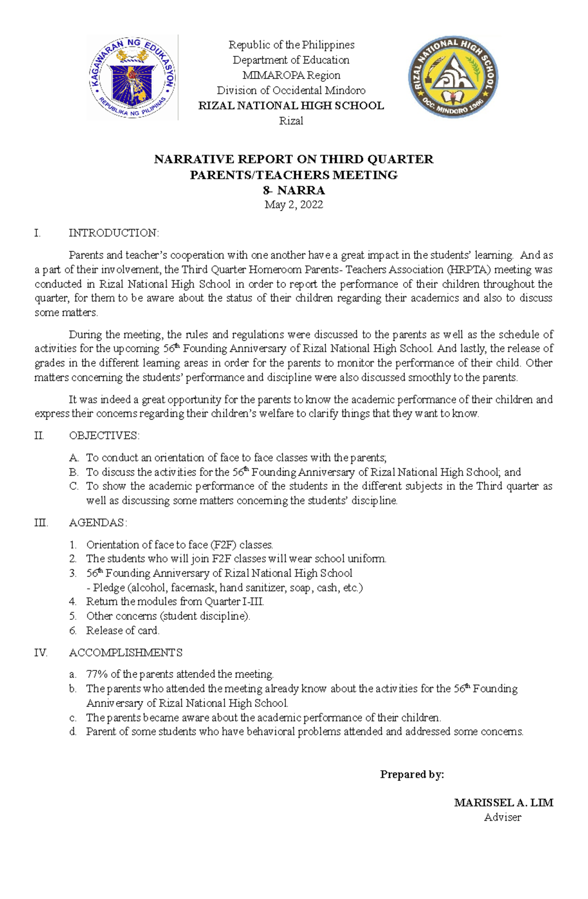 Narrative Report ON THE 3rd Quarter - NARRATIVE REPORT ON THIRD QUARTER ...