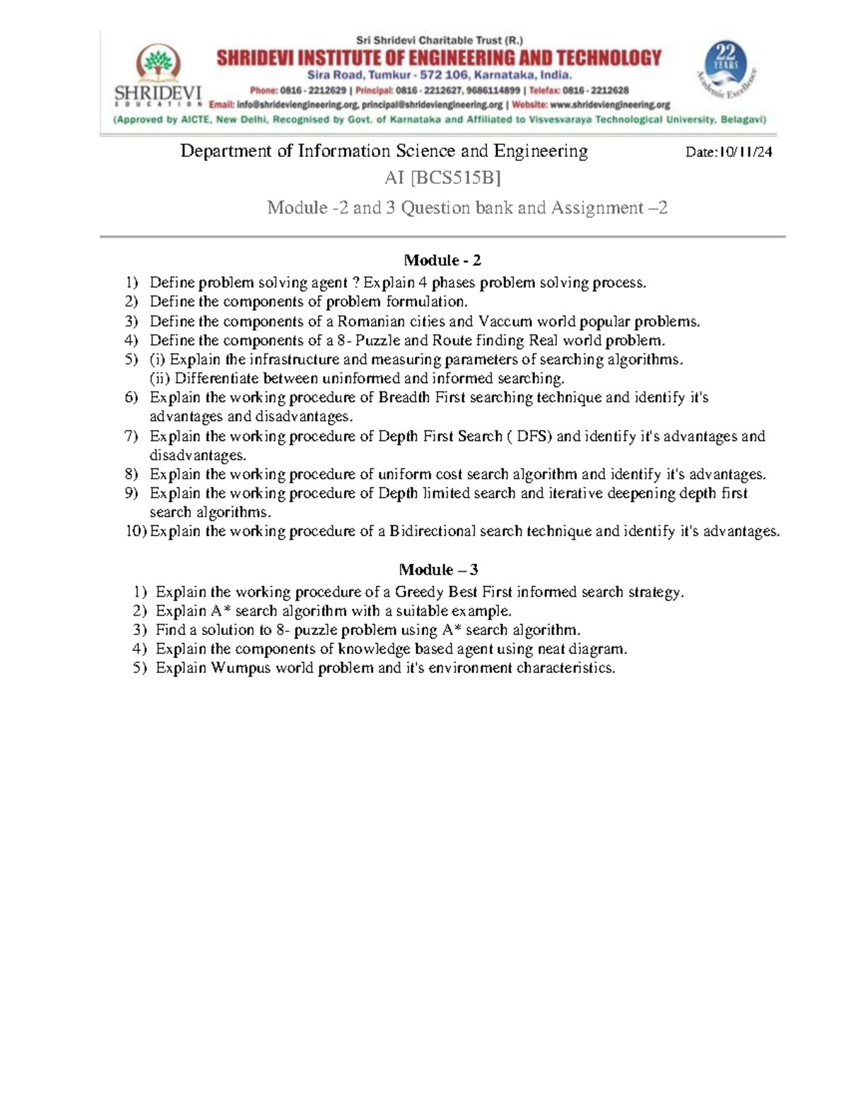 AI [BCS515B] Assignment 2: Problem Solving & Search Techniques - Studocu