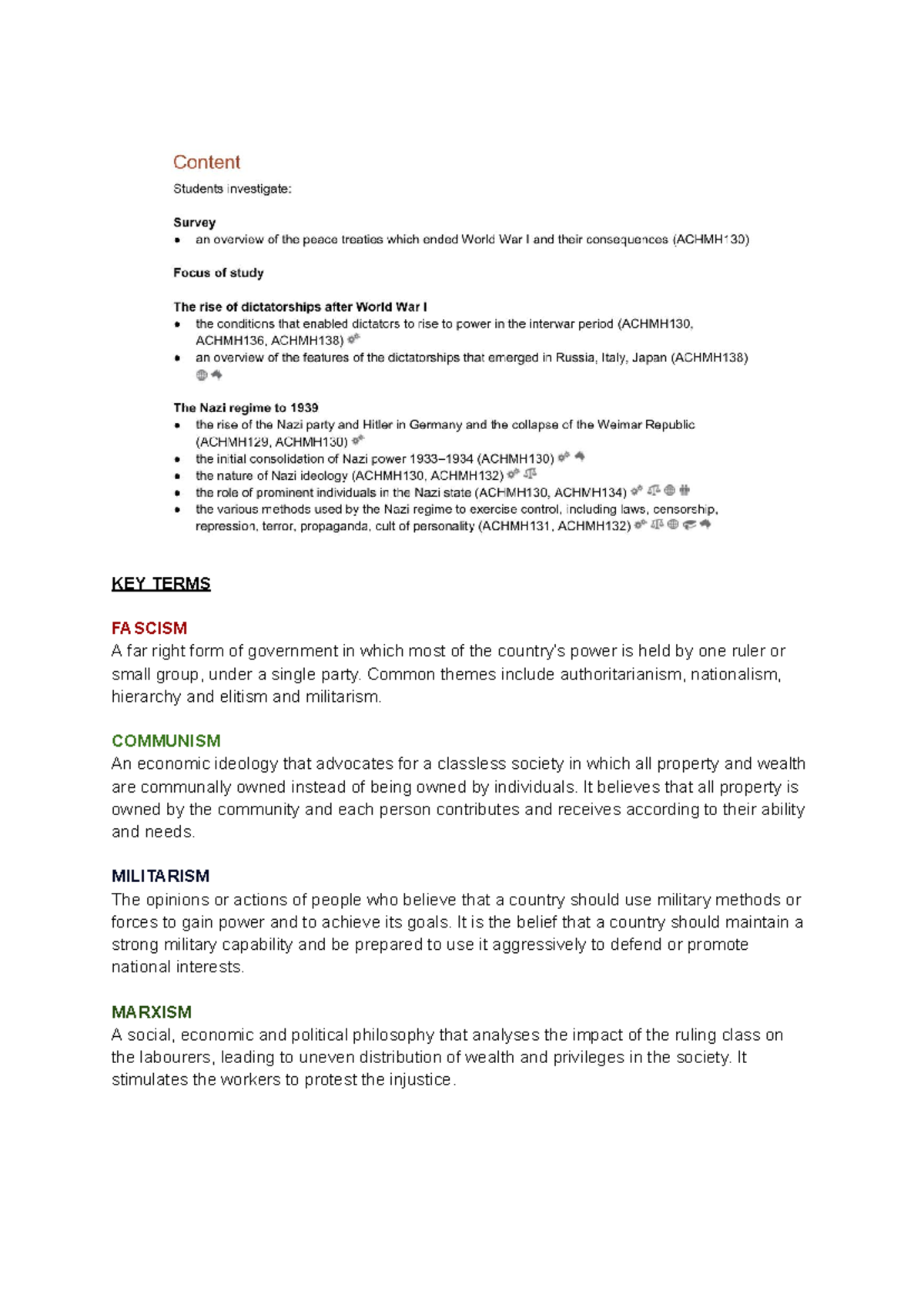 NAZI Germany Notes - KEY TERMS FASCISM A far right form of government ...