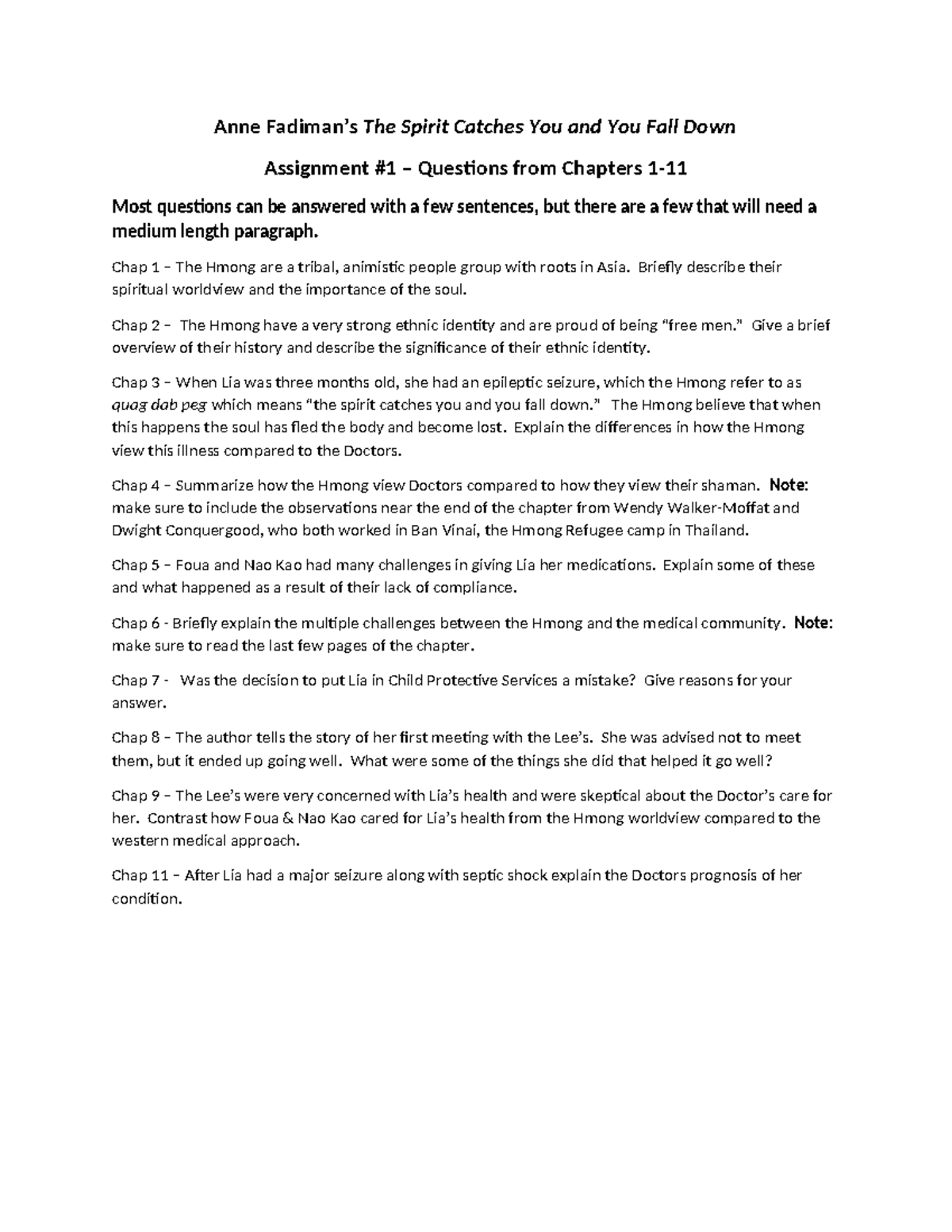 Fadiman The Spirit Catches You Assignment 1: Chapter Questions - Studocu