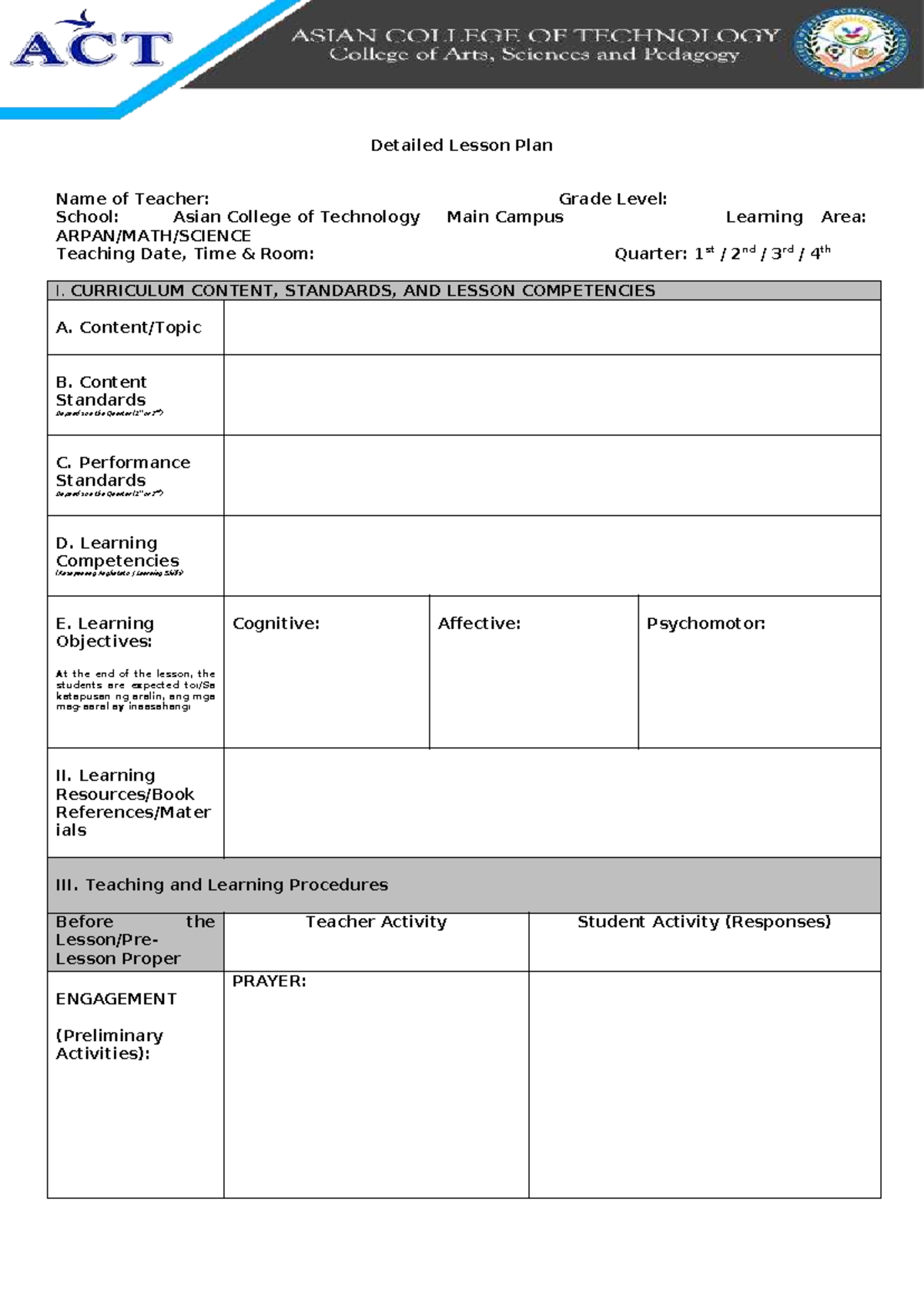Detailed Lesson Plan with Rubrics - Reflection for Asian College of ...