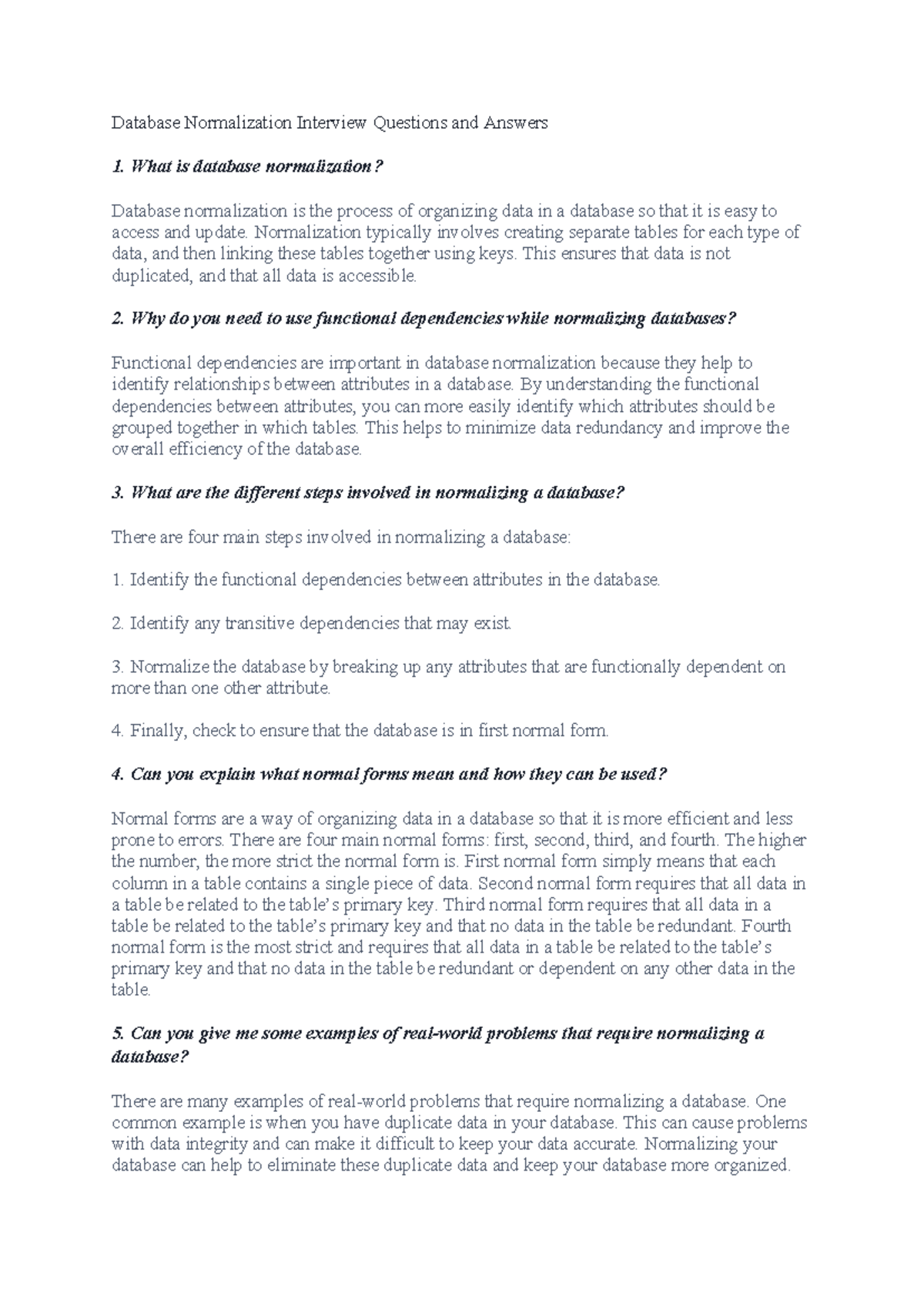 Database Normalization: Key Interview Q&A Guide - Studocu