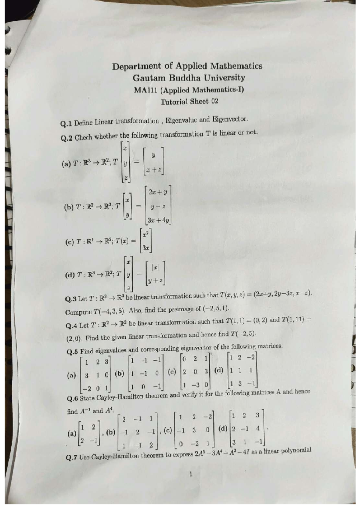 Applied Mathematics Tutorial Sheet 02: Linear Transformations & Eigenvalues - Studocu