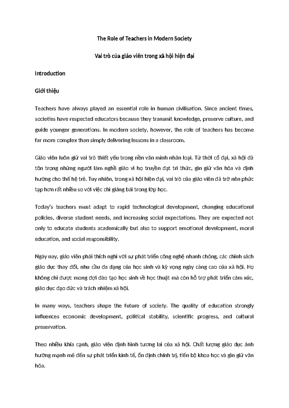 The Role of Teachers in Modern Society: A Bilingual Study (EN-VI) - Studocu