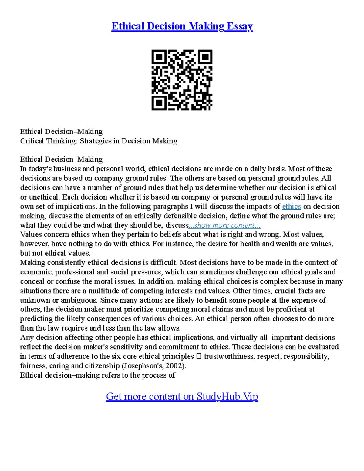 Ethical Decision-Making Essay: Analyzing Impacts & Ground Rules - Studocu