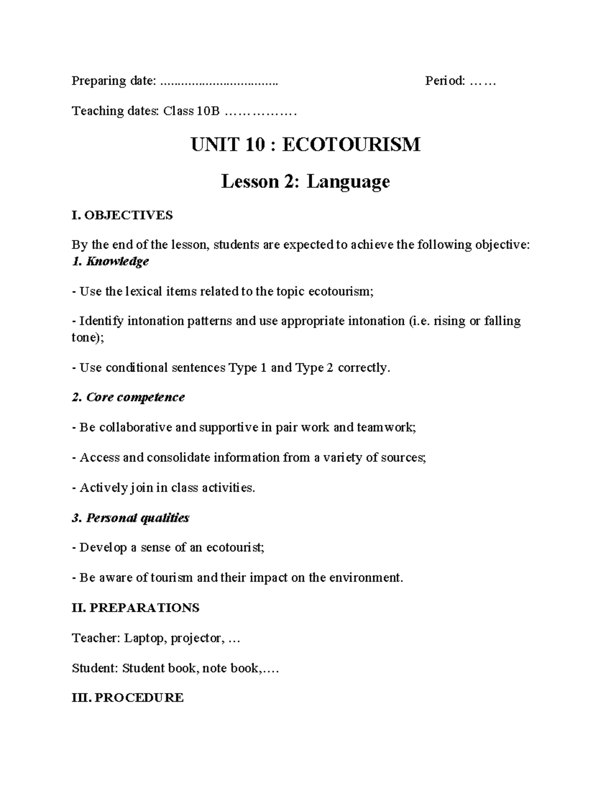 Unit 10B: Ecotourism - Lesson 2 Language Objectives and Activities ...