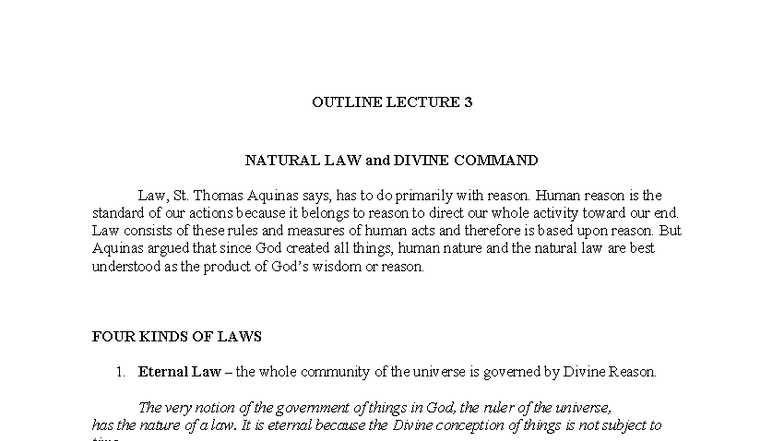 OUTLINE LECTURE 3: NATURAL LAW, DIVINE COMMAND & UTILITARIANISM - Studocu