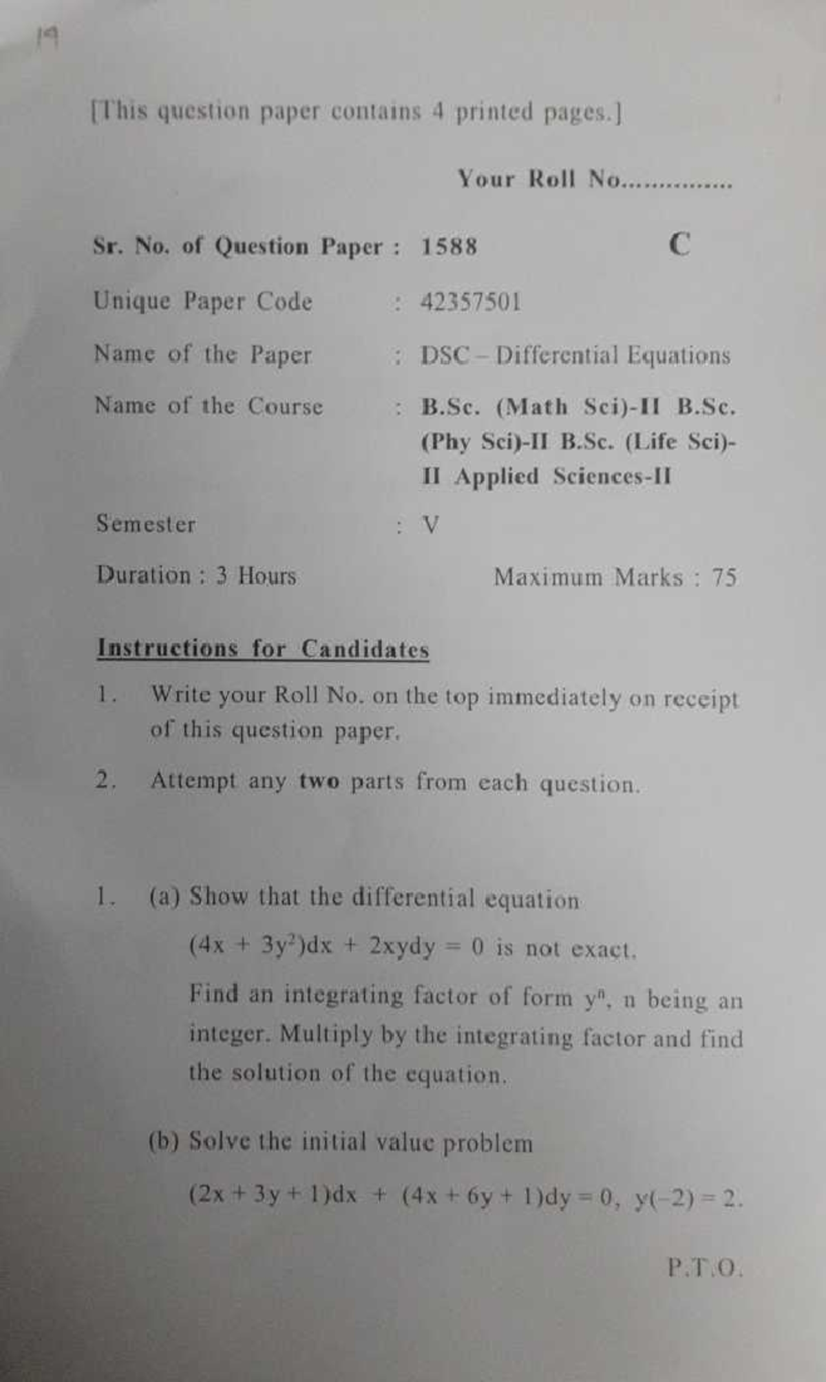B.Sc. (Math) Semester V Previous Year Question Paper 1588 - Studocu
