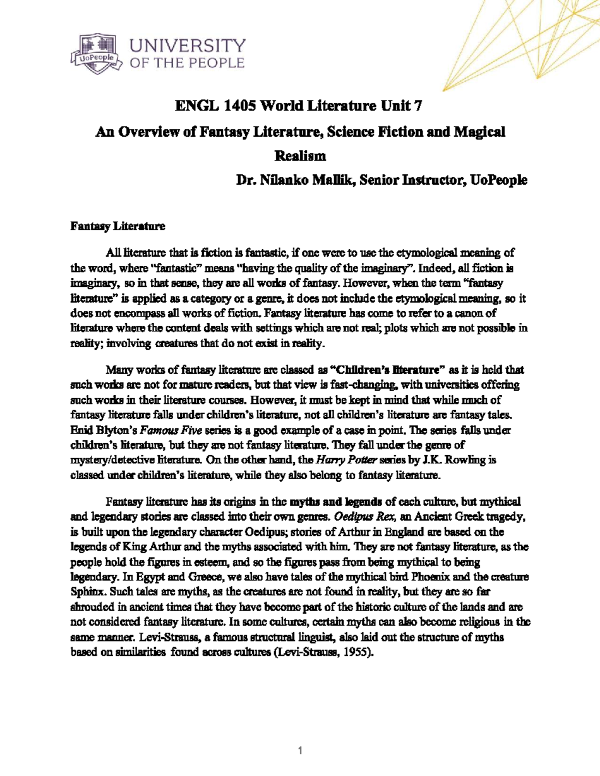 ENGL 1405 Unit 7: Overview of Fantasy Literature, Sci-Fi & Magical ...