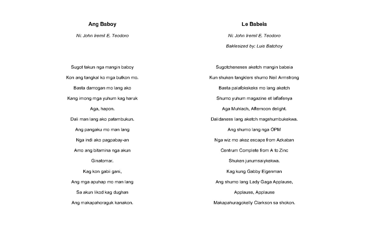 Ang Baboy - A Poetic Exploration by John Iremil E. Teodoro - Studocu