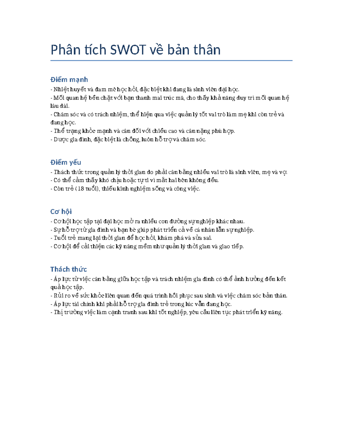Phân Tích SWOT Bản Thân - Chiến Lược Cá Nhân Sinh Viên - Studocu