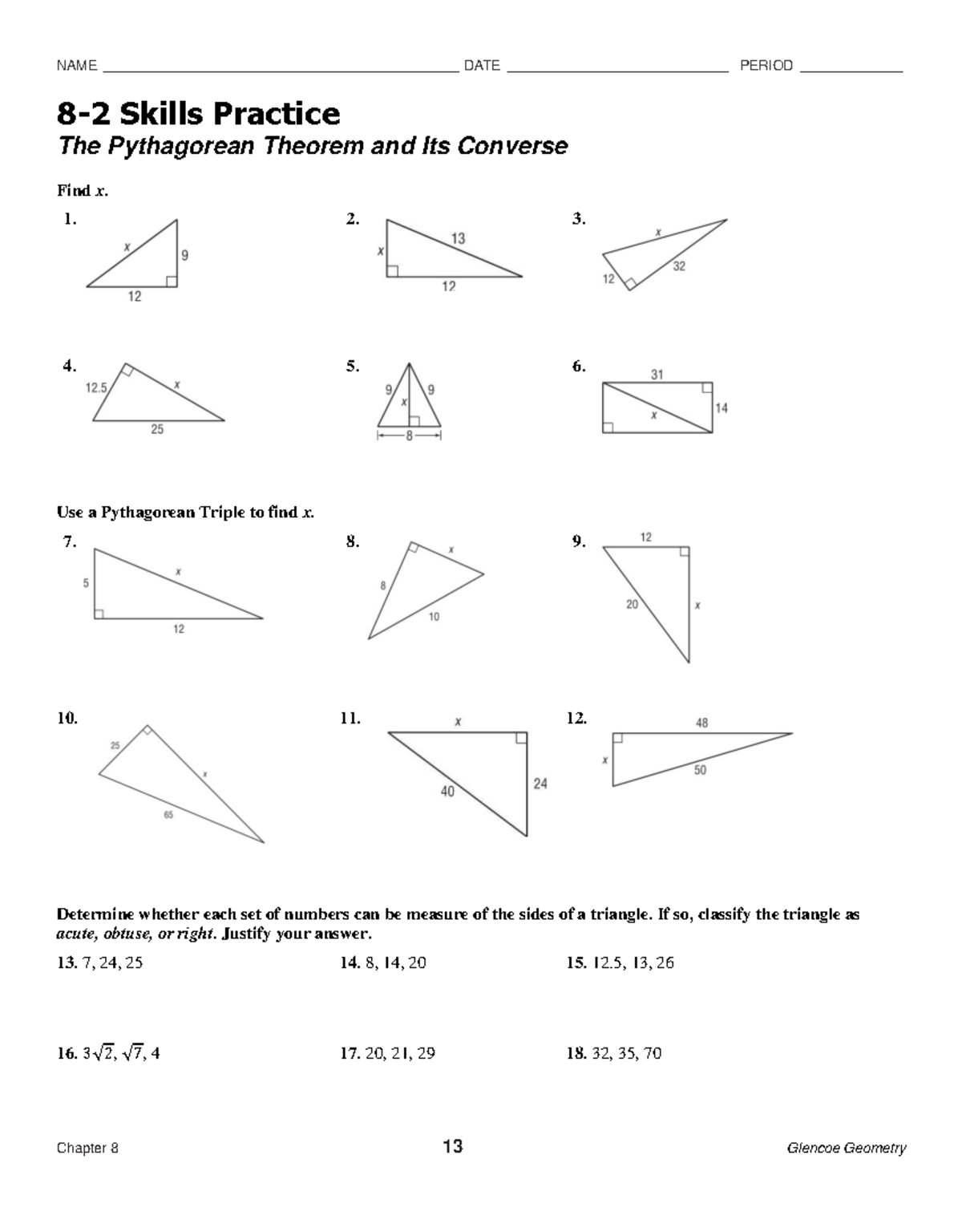 8.2 Worksheet - Skills Practice on Pythagorean Theorem - Studocu