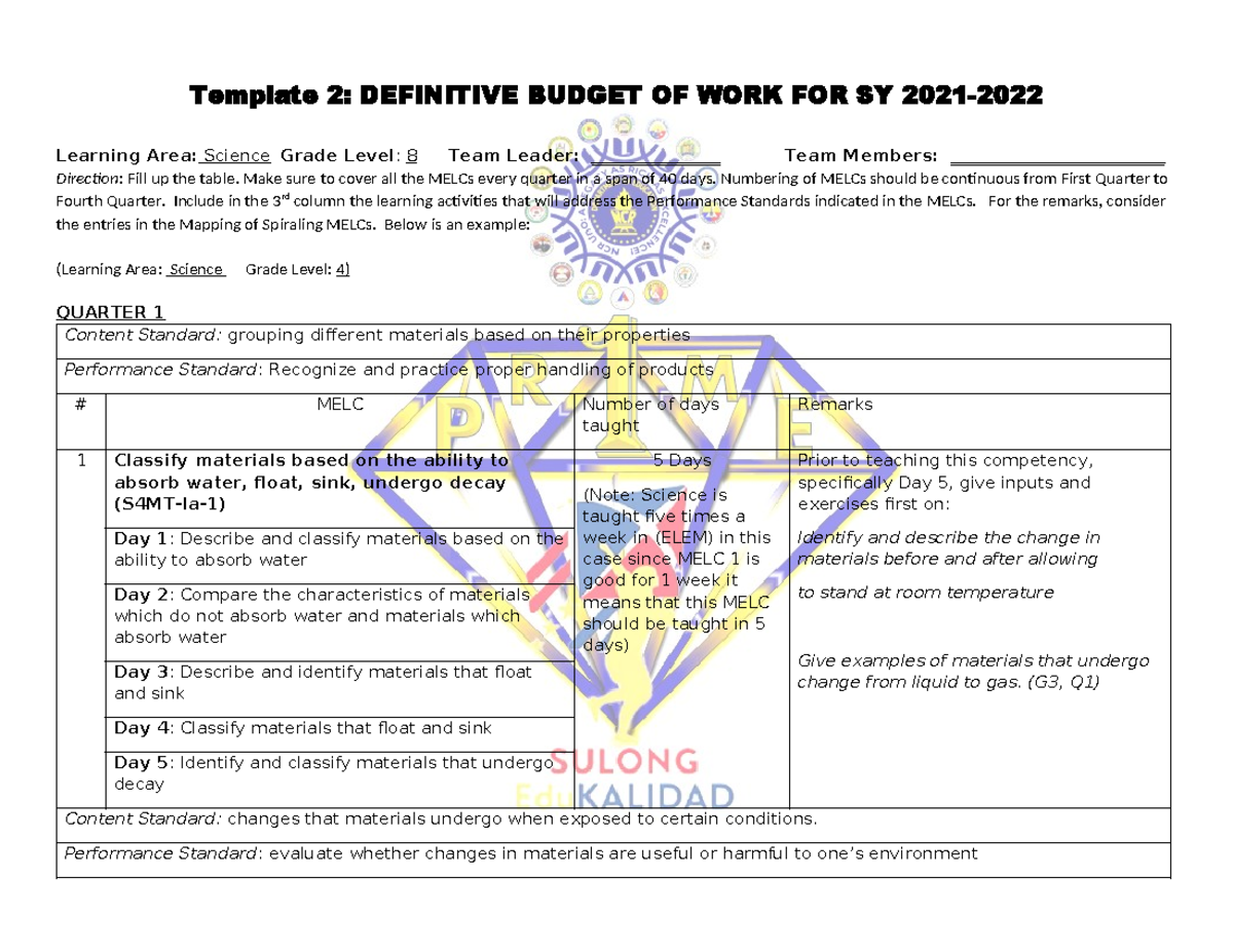 Science 8 SY 2021-22 Quarterly Budget Template (Q1-Q4) - Studocu
