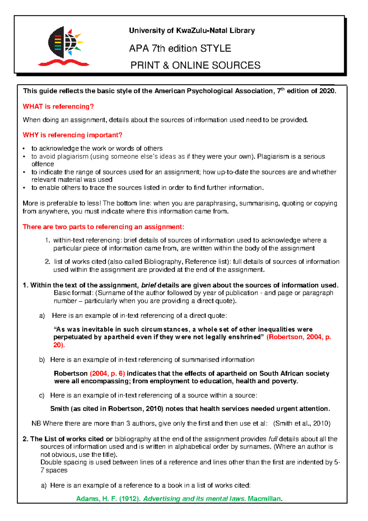 APA 7th Edition Referencing Guide for Students at UKZN - Studocu