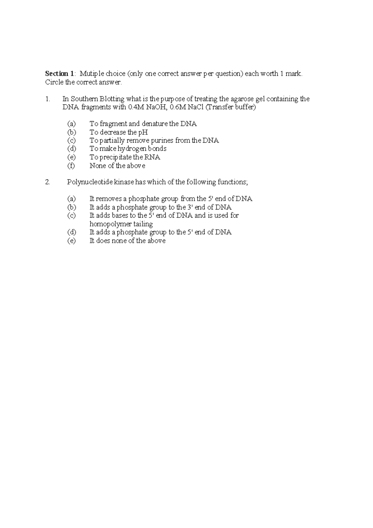 Example Mid Semester Test: Molecular Biology MCQs & Short Answers - Studocu