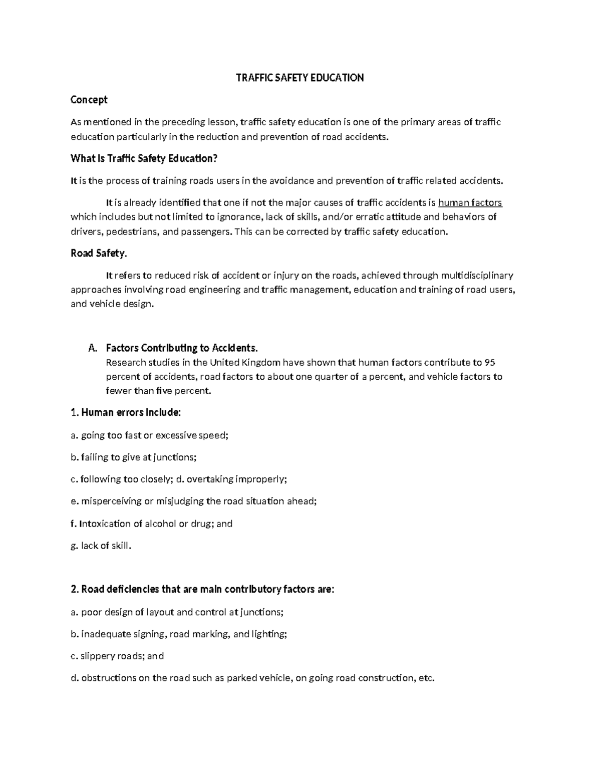 TRAFFIC SAFETY EDUCATION: Key Concepts and Principles - Studocu