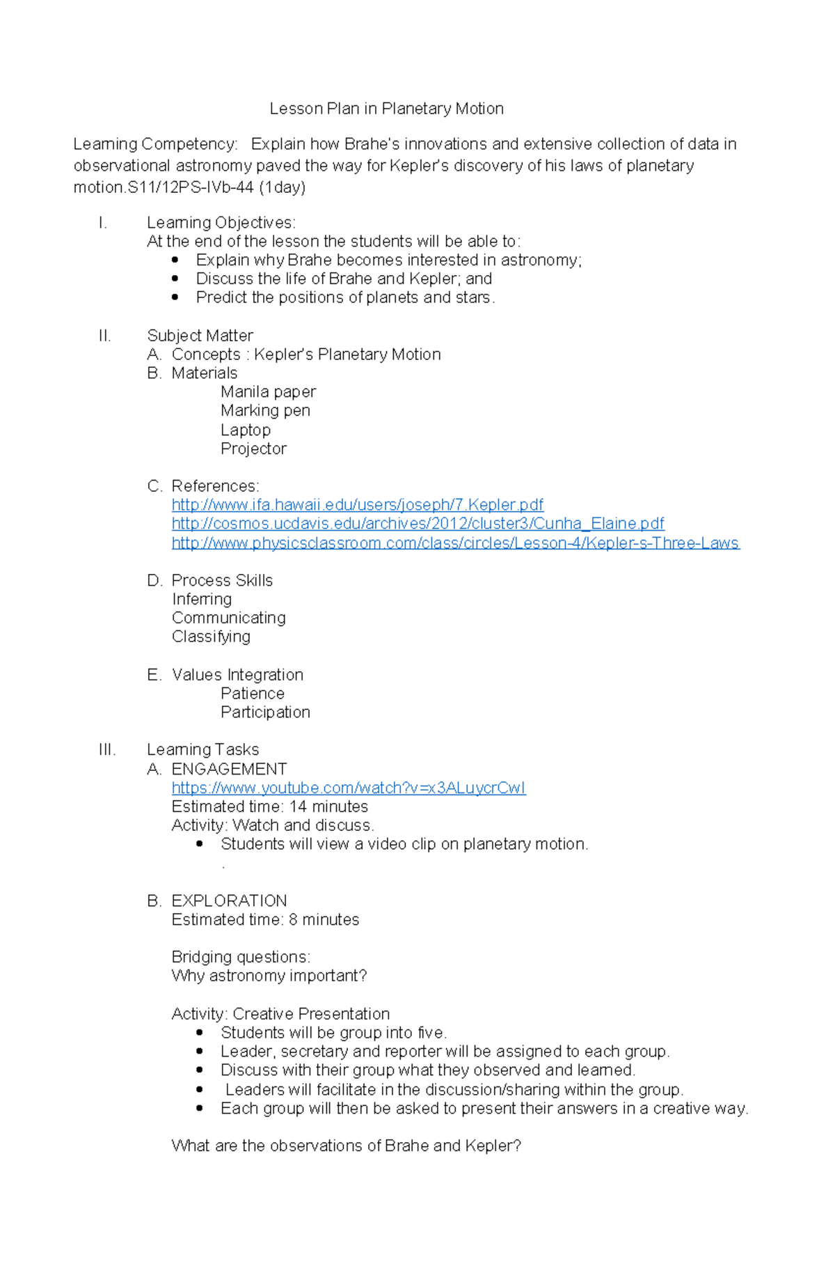 S11/12PS-IVb-44: Lesson Plan on Brahe & Kepler's Planetary Motion - Studocu