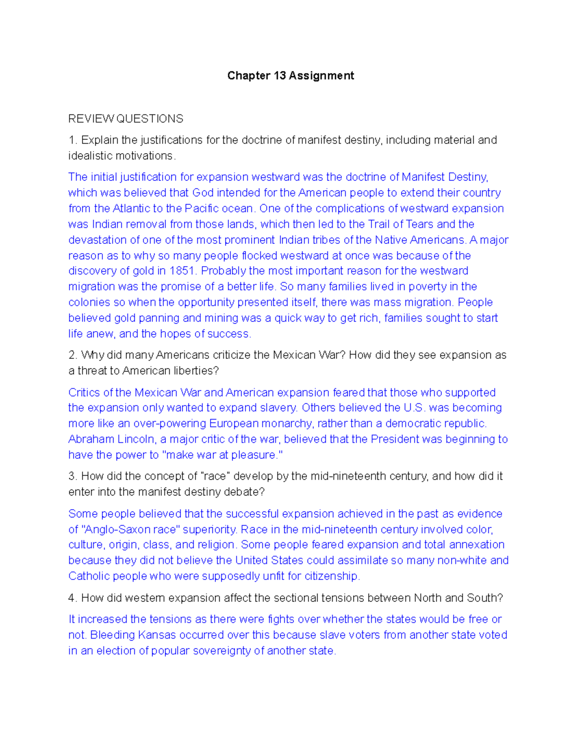 HIST 1301 Chapter 13 Assignment: Manifest Destiny & Expansion Impacts ...