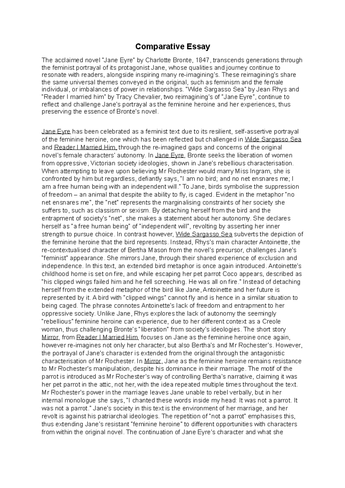 Comparitive Essay - Comparative Essay The acclaimed novel “Jane Eyre ...