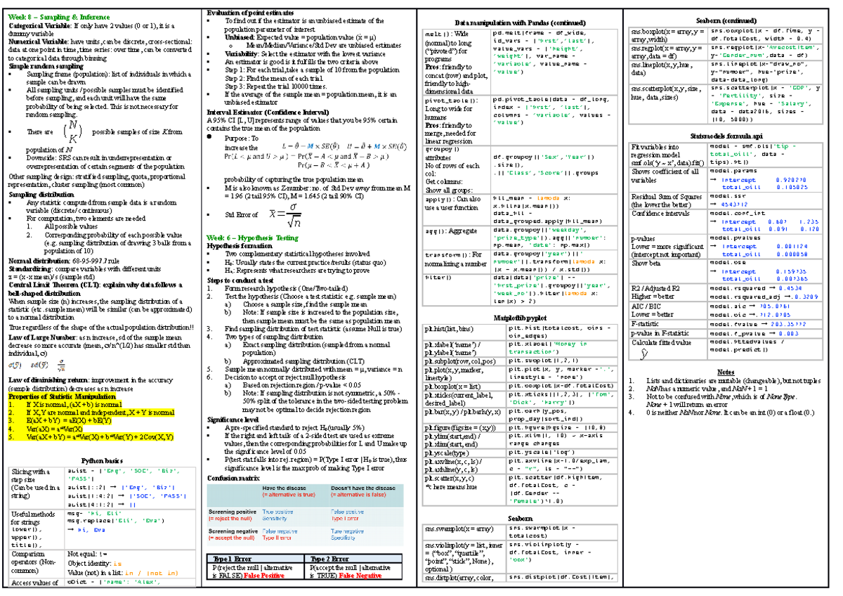 Final Cheat Sheet for DAO2702 - Week 8 – Sampling & Inference Categorical Variable: If only have ...