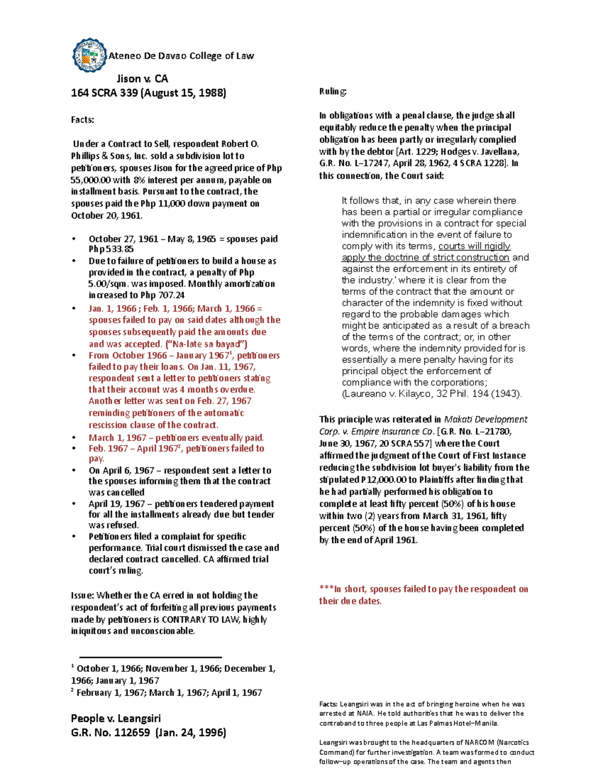 Ateneo Law Case Study: Jison v. CA & People v. Leangsiri Analysis - Studocu