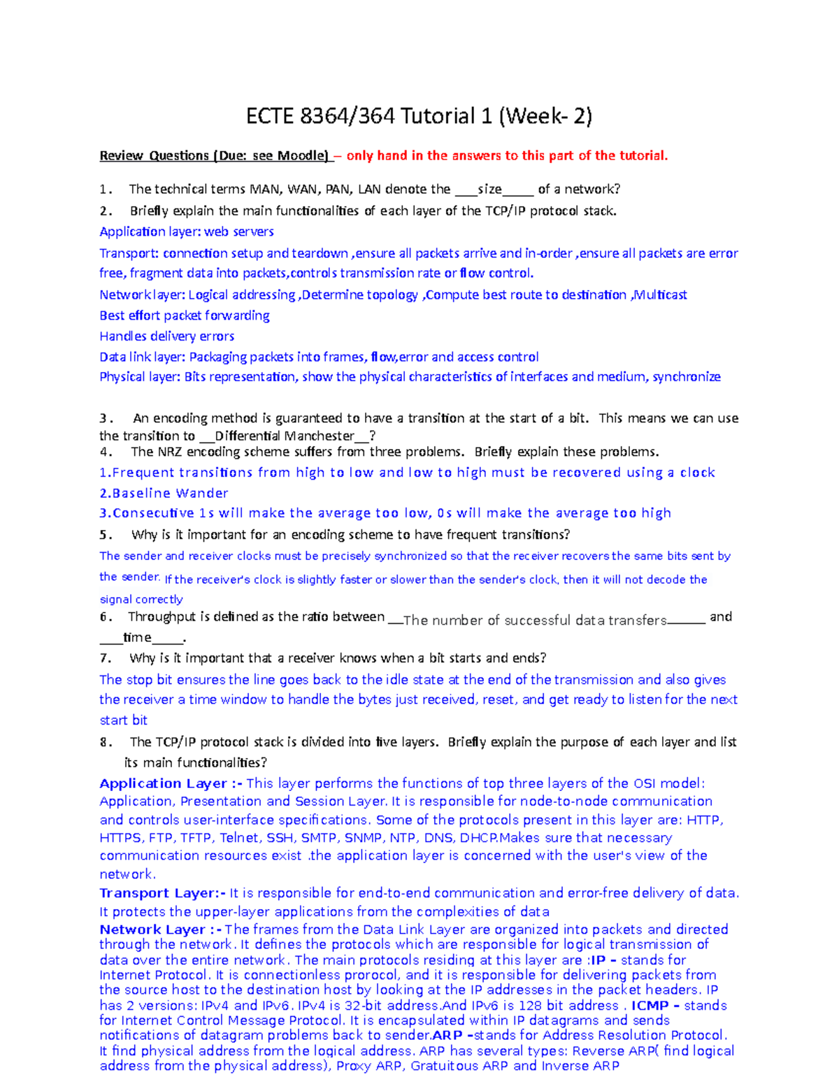 ECTE364-Tut1-Week2 Answers: TCP/IP Layers and Encoding Issues - Studocu