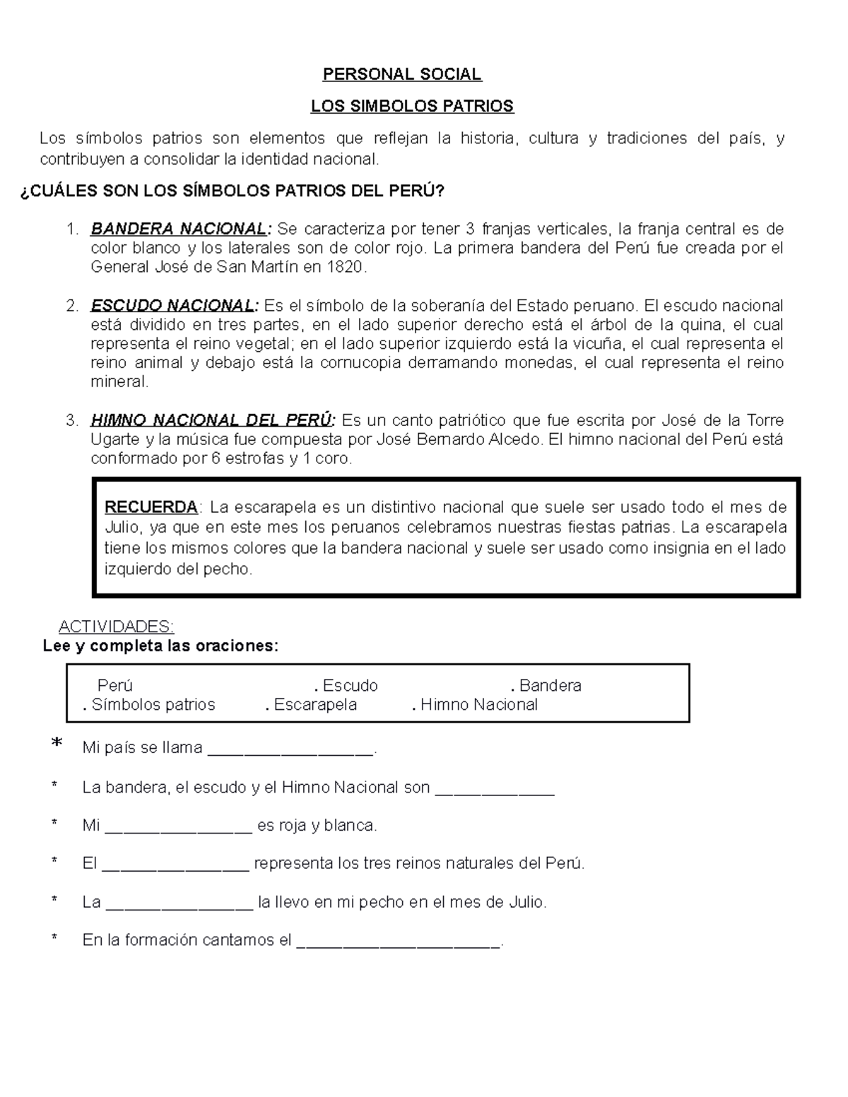 Simbolos Patrios - ficha practica para los alumnos - PERSONAL SOCIAL ...