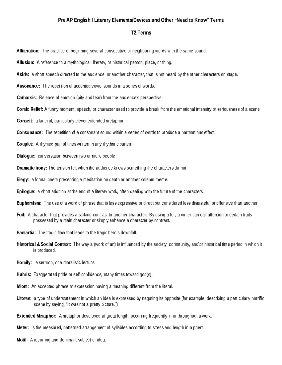 Pre AP English I: Essential Literary Terms & Devices Guide - Studocu