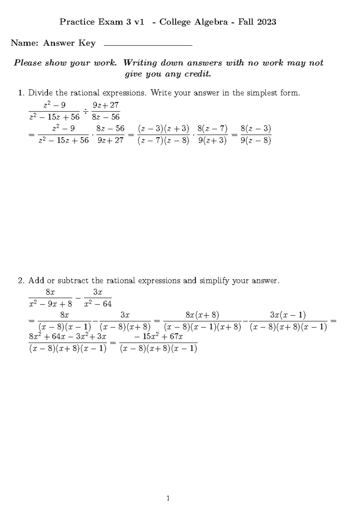 Exam 3 - Practice - Solutions-1-8 - Practice Exam 3 v1 - College ...