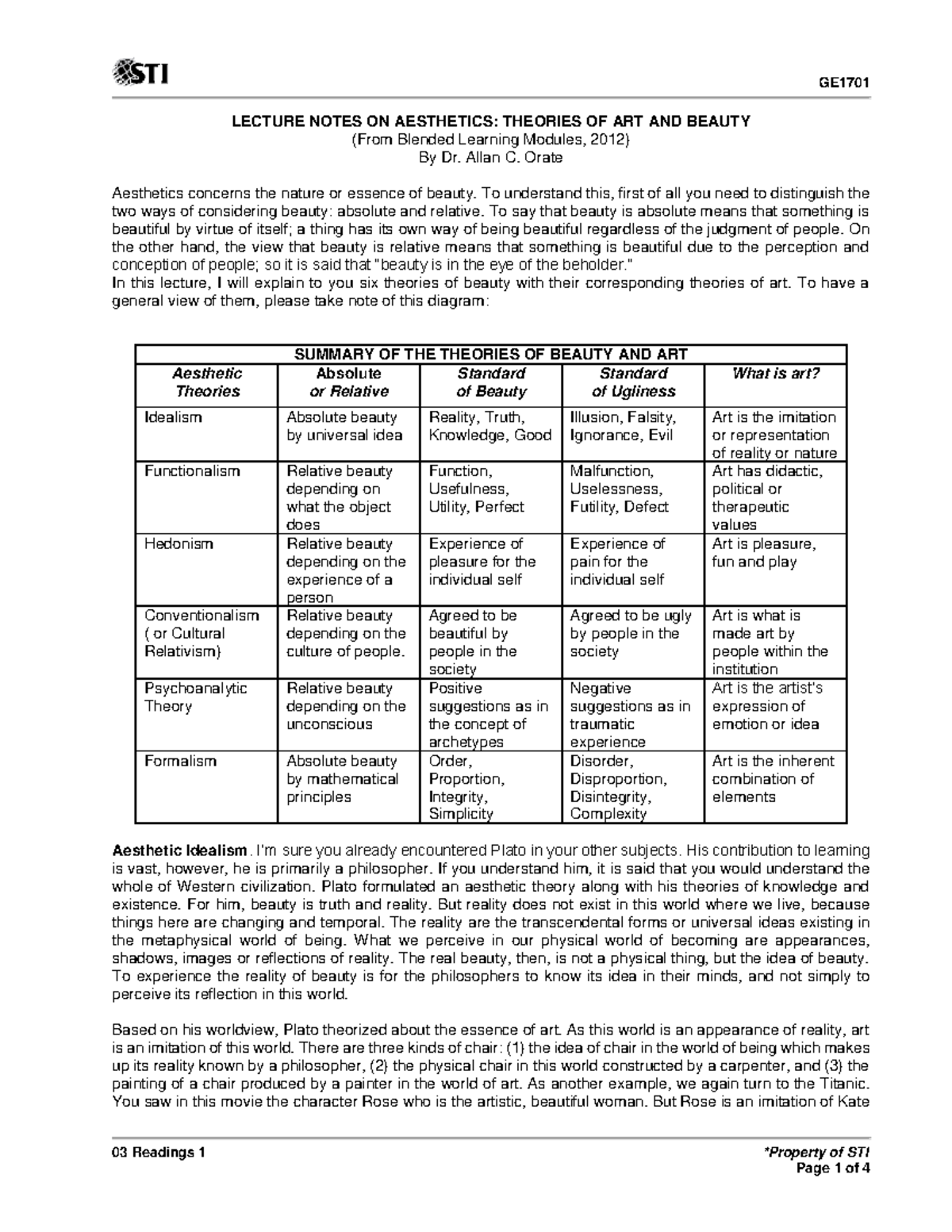 ART 03 Lecture Notes: Aesthetics, Theories of Beauty & Art - Studocu