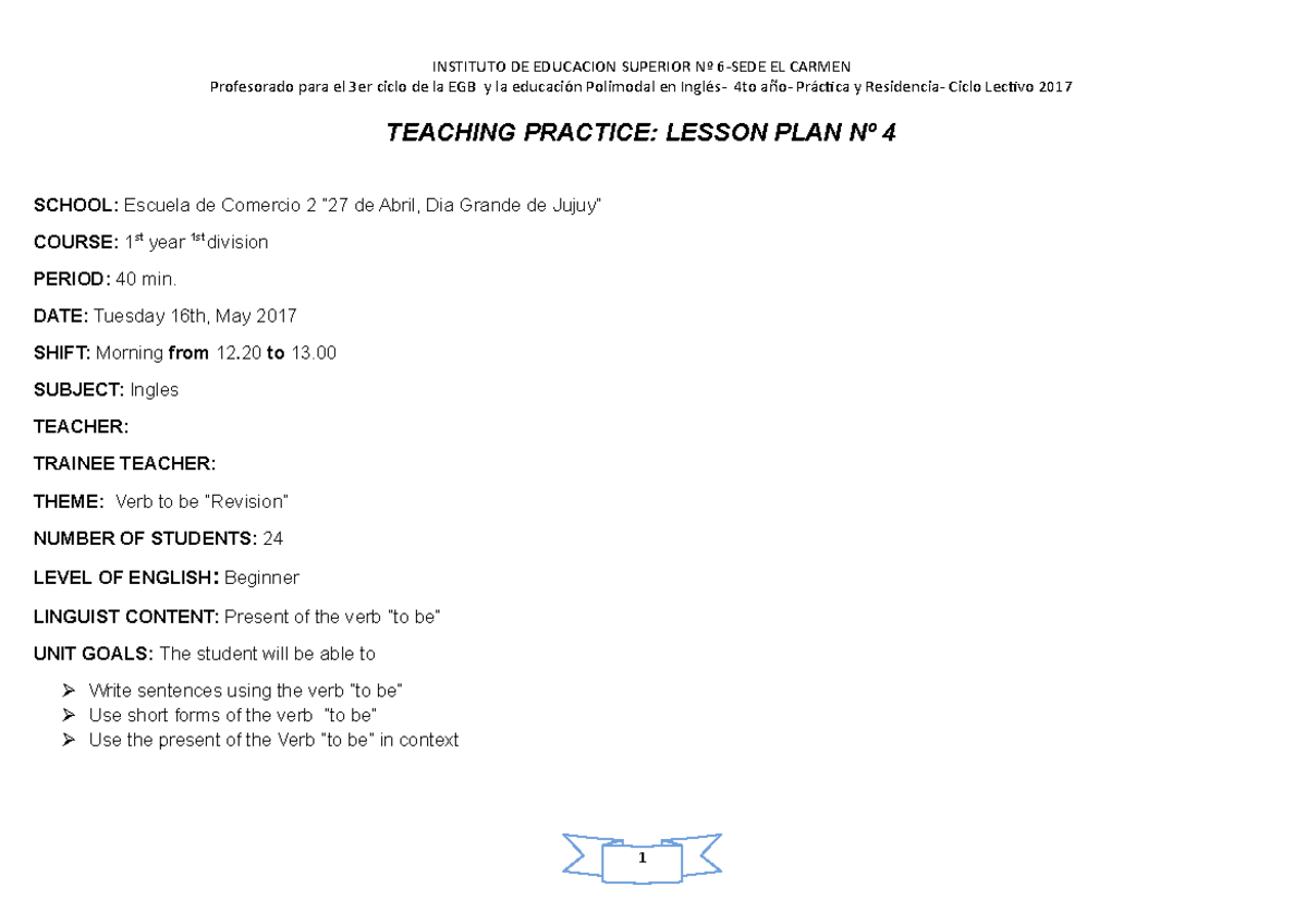 Lesson Plan - Verb "To Be" for EGB 4th Year English Training - Studocu